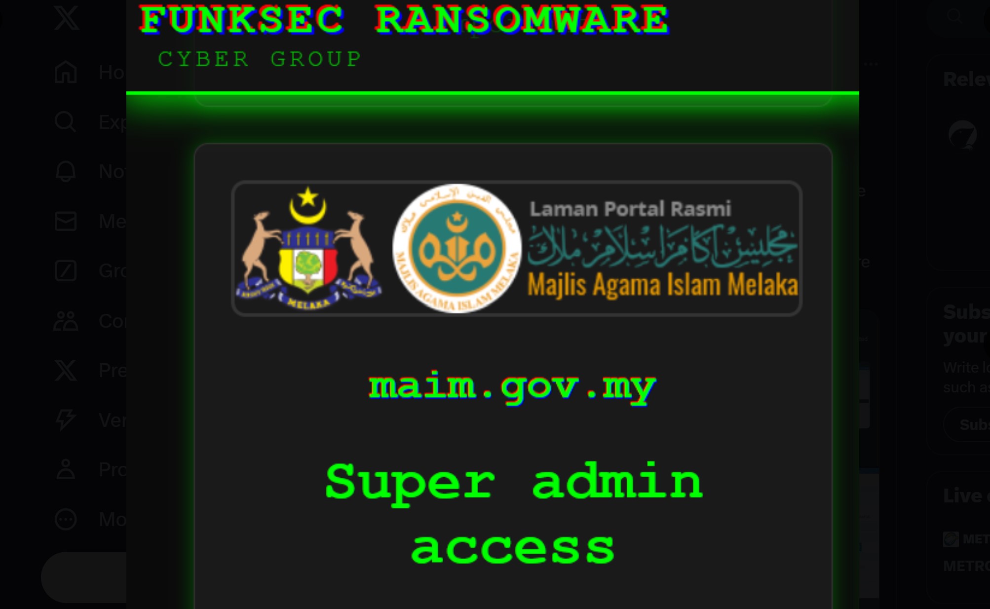 Melaka Islamic Religious Council targeted in 'ransomware attack', super admin access sold online ...